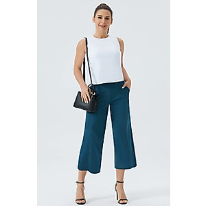 THE GYM PEOPLE Bootleg Yoga Capris Pants for Women Tummy Control High Waist Workout Flare Crop Pants with Pockets Dark Blue Green