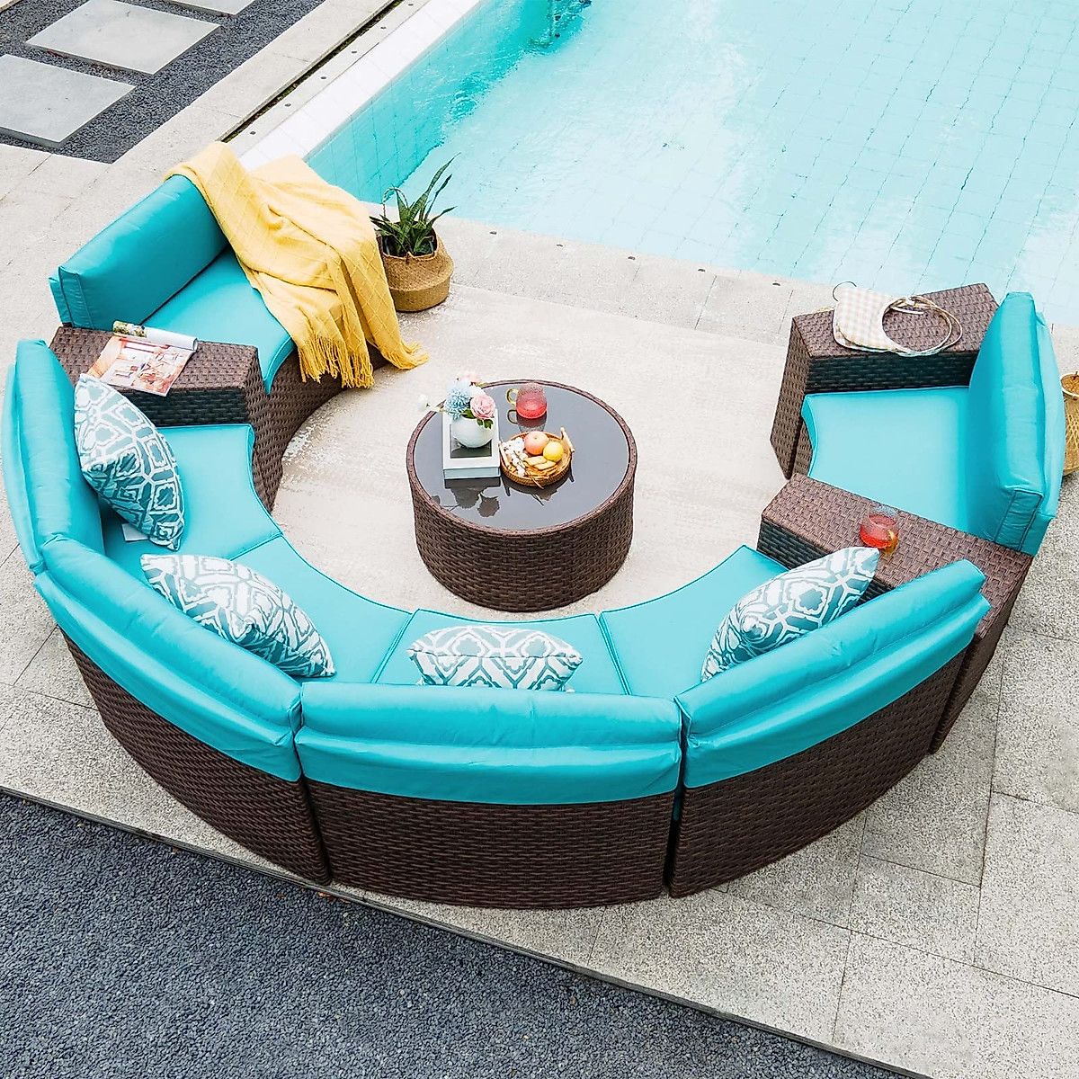 OC Orange-Casual 11 Pieces Sectional Outdoor Furniture, Half-Moon Curved Outdoor Sofa, All-Weather Brown Wicker with Round Coffee Table and Turquoise Cushions (Pillows & Waterproof Cover Included)