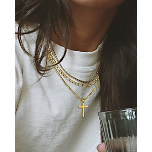 HSWYFCJY 3Pcs Set Cross Necklace for Men, Mens Cross Necklace Cross Chain Layered Stainless Steel Rope Figaro Chains for Women Boys Gold Silver Black (20inch/22inch)