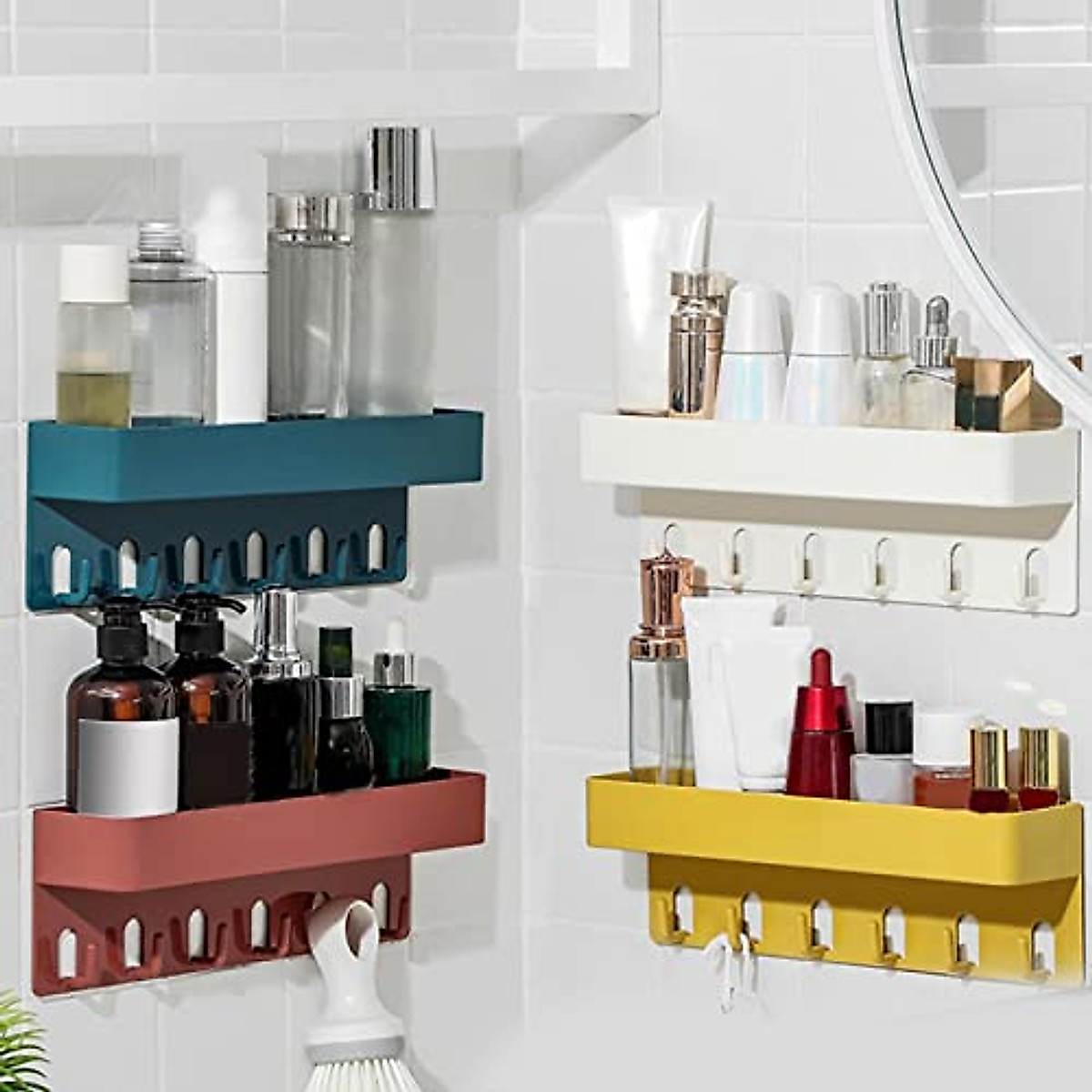 Bddalpke Bathroom Storage Shelf No Punching Towel Brush Wall Mounted Shower Basket Shower Caddy Basket for Bathroom Storage & Organization (White)