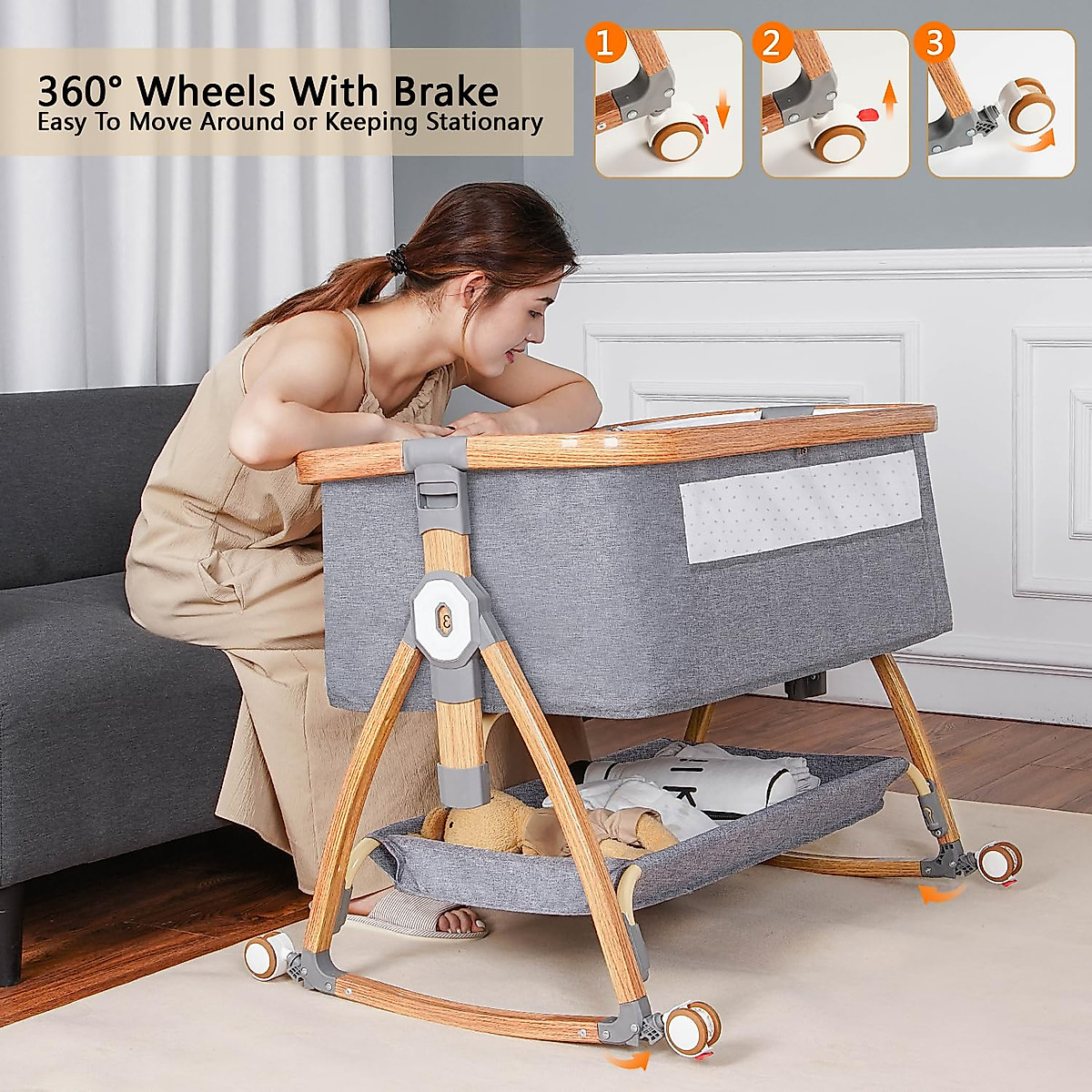 Komcot Baby Bassinet, Bedside Bassinet for Baby, 6 Height Adjustable Baby Bed, 3 in 1 Bassinet Bedside Sleeper with Wheels, Mosquito Net, Portable Bedside Crib for Infant/Baby/Newborn (Light Grey)