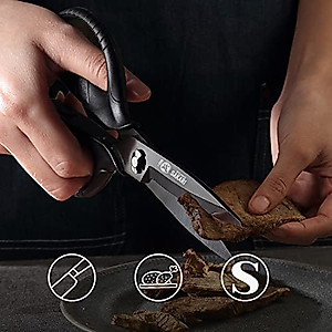 MITSUMOTO SAKARI Japanese Kitchen Scissors All Purpose, Black Titanium Plated Heavy Duty Kitchen Scissors, Multipurpose Cooking and Herb Scissors, Micro Serrated