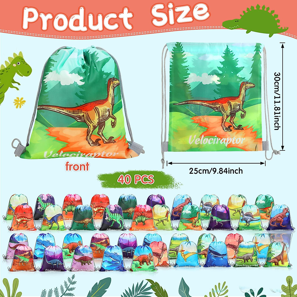 40 Pack Dinosaur Party Supplies Favor Drawstring Bags for Kids Birthday Gift Bags Dino Theme Party Favor Bags Dino Backpack Bag Treat Goodie Candy Bags for Boy Girl Baby Shower School Travel, 20 Style