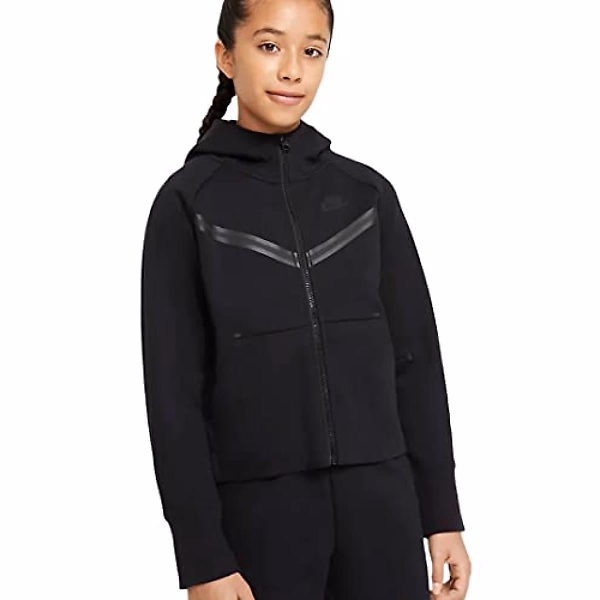 Nike Girl's NSW Tech Fleece Windrunner Full Zip Hoodie (Little Kids/Big Kids) Black/Black MD (10-12 Big Kid)