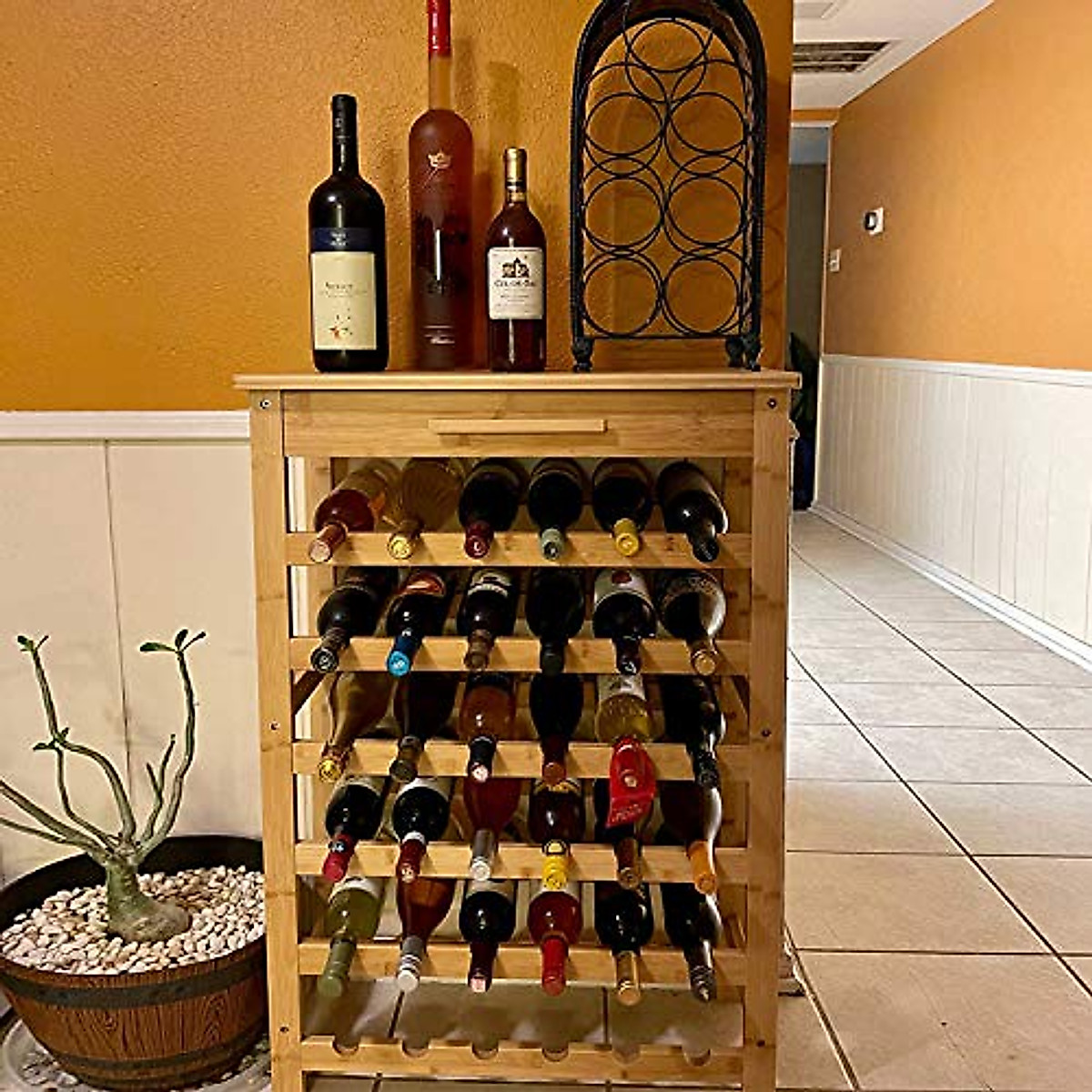 Kinsuite Bamboo Wine Rack Modular Wine Storage Holder Display Shelves for Storing Bottles at Home 36 Bottle Wine Rack Free Standing Floor 6 Shelves with Drawer