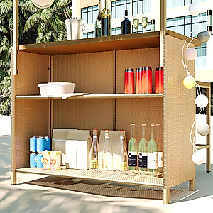 Brabrety Bar Height Outdoor Patio Set with PE Grass Canopy and Acacia Wood Top,Bar Table and Stools with Adjustable Feet,for Dining and Drinking (Natural@Grass Canopy)