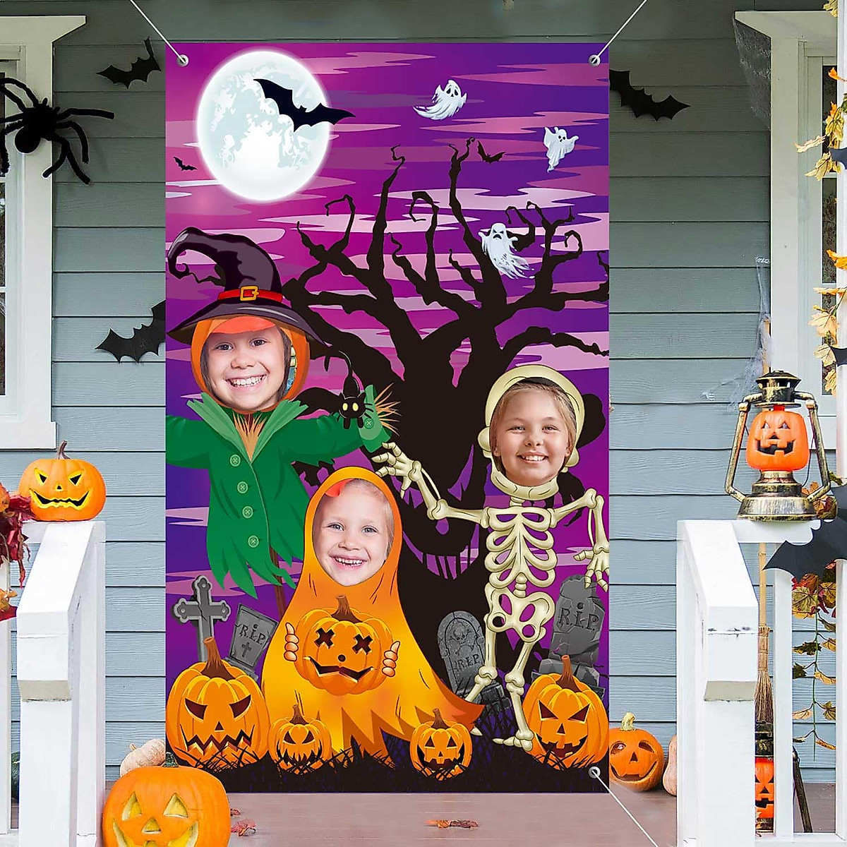 Halloween Door Decorations Backdrop Halloween Photo Door Banner Pumpkin Head Scarecrow Ghosts Skeletons Hole in Face Party Prop Halloween Photography Background Halloween Theme Party Supplies