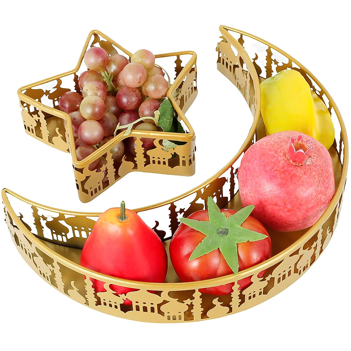 2Pcs Ramadan Serving Dishes, Moon Star Shaped Trays, Reusable Metal Trays, Rustproof Delicate Moon Star Serving Tray, Ramadan Decoration Plate Washable for Eid Ramadan Food Party Supply