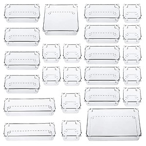 HighFree 24 Pcs Clear Desk Drawer Organizer Tray with 5-Size, Plastic Bathroom Makeup Drawer Dividers, Versatile Organizer Container Storage Bins for Kitchen,Office,Dresser & Cabinet