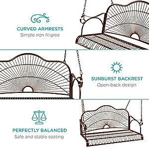 Best Choice Products Hanging Iron Porch Swing Bench Outdoor Patio Furniture for Garden, Deck w/Armrests, Mounting Chains