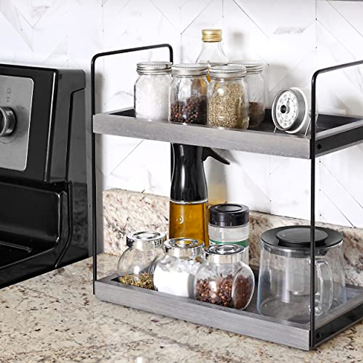 Hidden Haven - Upgraded - 2 Tier Wooden Countertop Organizer Lightly Lacquered to Resist Water and Stains - Multi-Use Organizer - Bathroom Organizer, Kitchen Organizer (Smoked Ash)