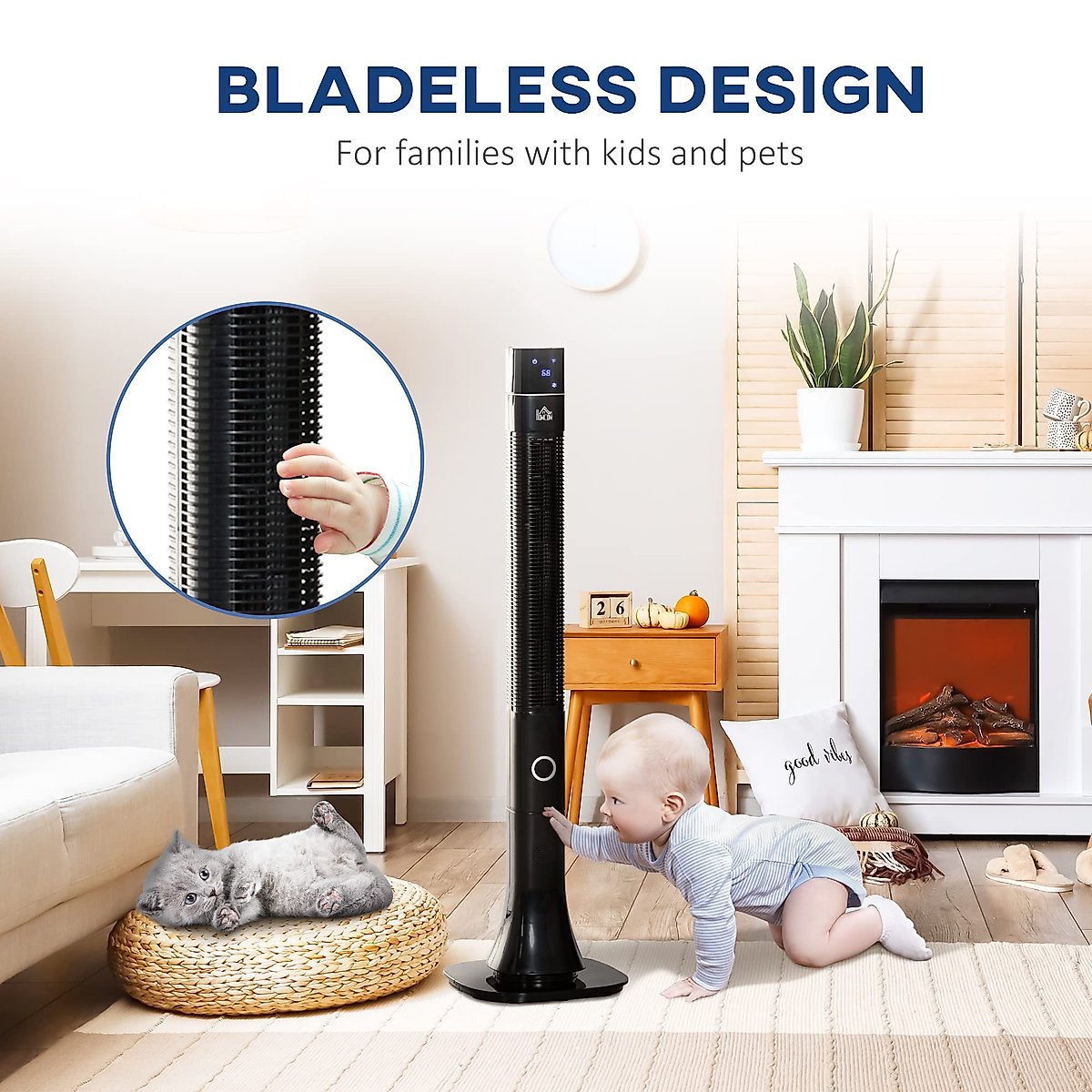 HOMCOM 47.25" Oscillating Tower Fan Cooling for Bedroom with 3 Speeds, Floor Fan with 12h Timer, LED Display, and Remote Control, Black