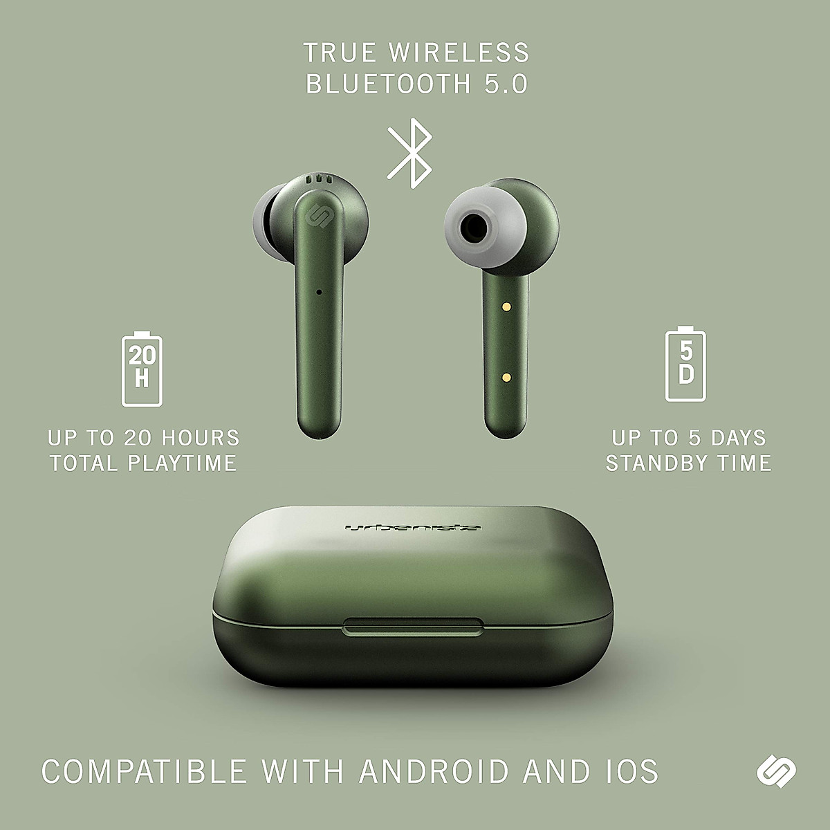 Urbanista True Wireless Earphones 20H Playtime Wireless Charging Case and Bluetooth 5.0, Noise Cancelling Earphones with Touch Controls + Built-in Mic, Compatible with Android and iOS - Paris, Green
