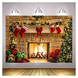XLL Christmas Photography Backdrops Christmas Fireplace Decoration Background for Photo Happy Holiday Party Decoration Props 7x5FT(210CM X 150CM)