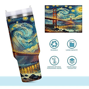RPLIFE Golden Gate Bridge Starry Night 40oz Tumbler with Handle, Stainless Water Bottle, Insulated Coffee Tumbler