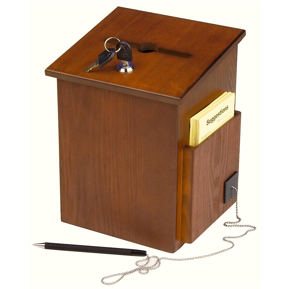 Wood Suggestion Box, Ballot Box with Side Pocket, Locking Hinged Lid and Pen, for Wall or Counter - Medium Oak (Ballots Not Included)