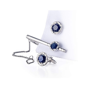 BagTu Crystal Galaxy Cufflinks and Tie Clip Set with Gift Box and Greeting Card, Round Dark Blue Cufflinks and Tie Clip Gift Set for Men
