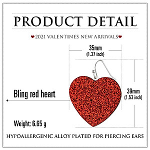 RareLove Valentines Gifts Bling Red Heart Hook Dangle Earrings Statement Jewelry For Women Silver Alloy Plated