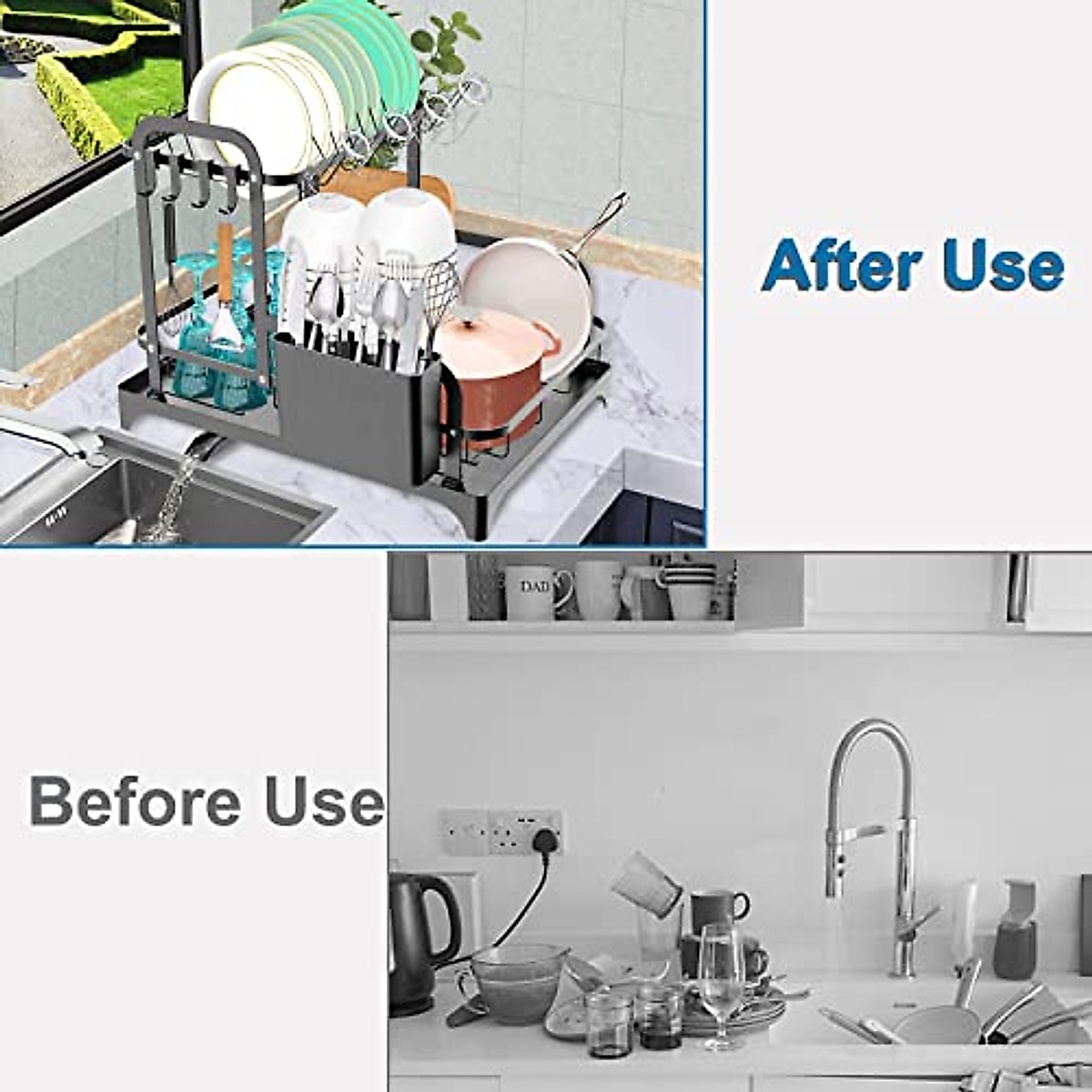 Dish Drying Rack Drainboard Set - with Swivel Spout, 2 Tier Large Capacity Rustproof Dish Rack with Cups Holder, Utensil Holder, Cutting Board Rack, 4 Hooks, Dish Drainer for Kitchen Counter