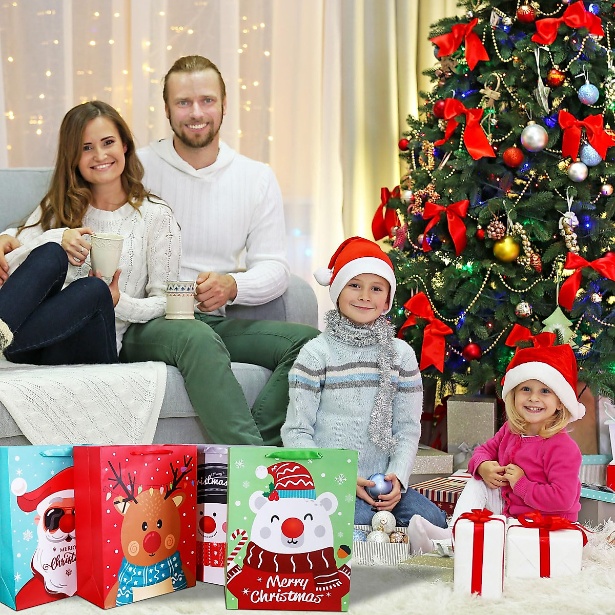 4 Pack 16.5" Extra Large Christmas Gift Bags, Xmas Paper Bags With Handles and Tissue Paper, Reusable Holiday Bags Bulk for Present Wrap Decor