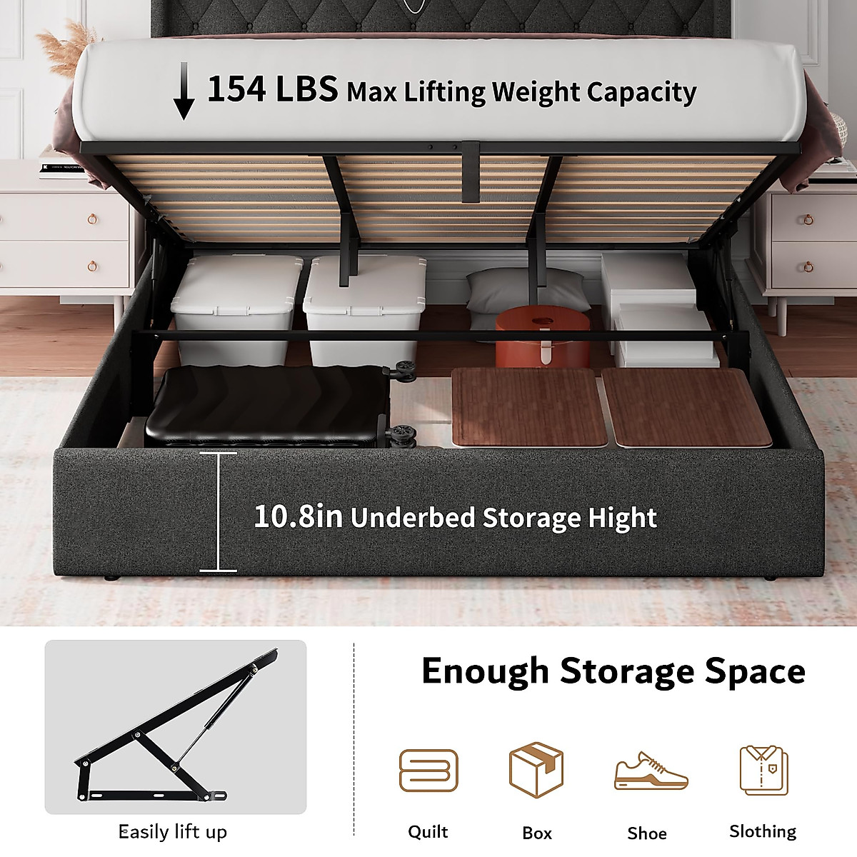 iPormis King Size Lift Up Storage Bed Frame with Charging Station, Upholstered Platform Bed Frame with Tufted Headboard, Hydraulic Storage, No Box Spring Needed, Noise-Free, Easy Assembly, Dark Grey