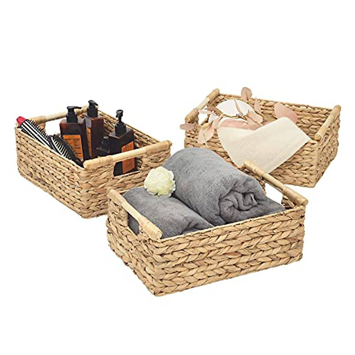 Natural Water Hyacinth Storage Basket with Handle, Rectangular Wicker Basket for Organizing, Decorative Wicker Storage Basket for Living Room, Medium Wicker Basket