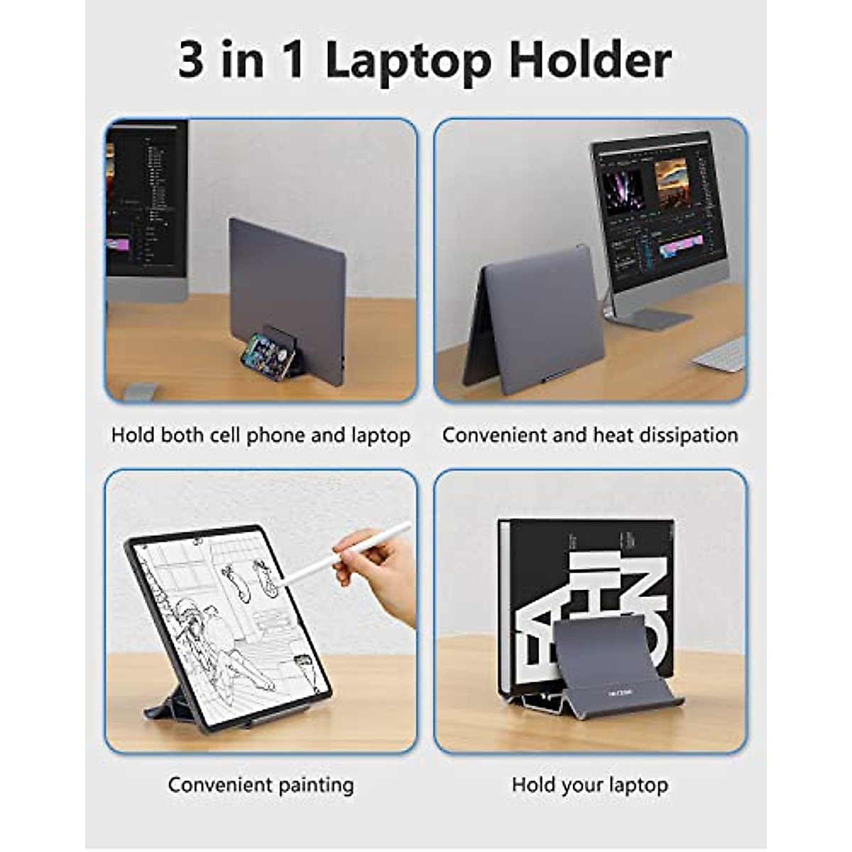 Vertical Laptop Stand, Alloy Laptop Holder Vertical Stand, Aluminum Alloy 3 in 1 Gravity Laptop Dock Stand Auto Locking,Fits MacBook/iPad/Surface/Chromebook/Gaming Laptops(Up to 17") (Space Gray)