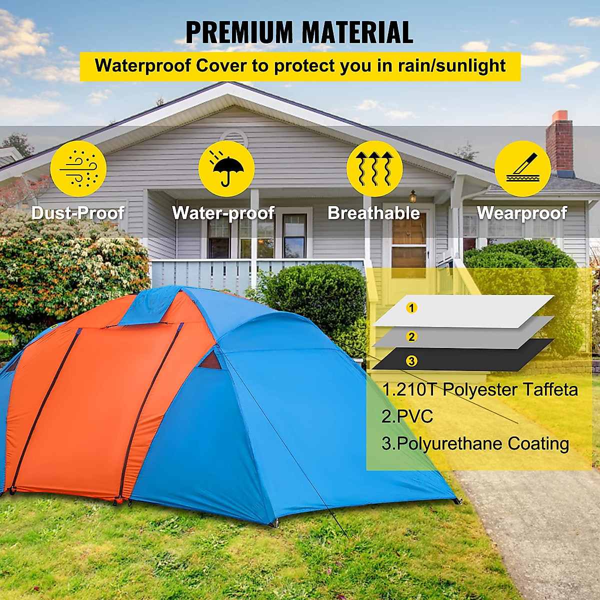 VEVOR Motorcycle Camping Tent, Spacious Design, Waterproof & Windproof, Breathable Mesh Roof, Easy Setup, 177.2" x 98.4" Floor, 78.7" Center Height