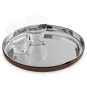 nambe Tahoe Bar Tray | Stainless Steel Organizing Tray with Raised Edges and Leather Accent | Decorative Round Metal Serving Tray | 13-in Removable Leather Accent