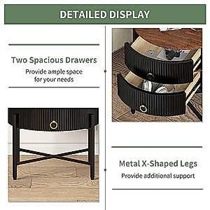 O&K FURNITURE Black Round Side Table for Living Room, Modern End Table with 2 Drawers, Metal Legs Nightstand for Bedroom, Black & Brown