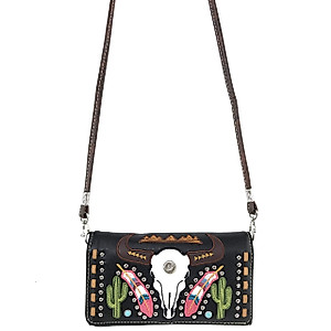 Zelris Longhorn Skull Embroidered Feather Cactus Design Women Conceal Carry CCW Shoulder Handbag Purse with Wallet Set (Black)