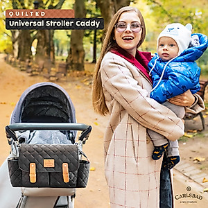 Carlsbad Linen Company Stylish Black Quilted Nylon Universal Stroller Caddy Organizer Cup Holder and Insulated Bottle Pouch 3 Strap Options Included Loose Fit Stable Velcro And Over the Shoulder