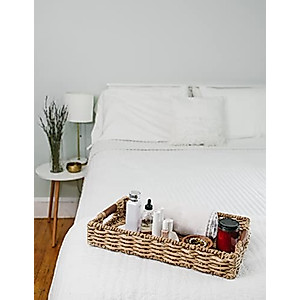 Large Decorative Rattan Woven Serving Tray + Leather Handles 20''x12’,Rectangle Wicker Centerpiece,Boho Kitchen + Home Decor Basket,Coffee Table Organizer,Summit Living,All Occasions Tan