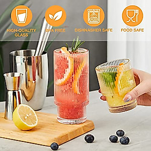 Gencywe 8 Pack Drinking Glasses, 4pcs Highball Glasses (11oz) & 4pcs Rocks Glasses (6oz), Vintage Glass Cups, Elegant Ribbed Glassware, Iced Coffee Glasses, Glass Tumbler for Cocktail, Whiskey, Juice