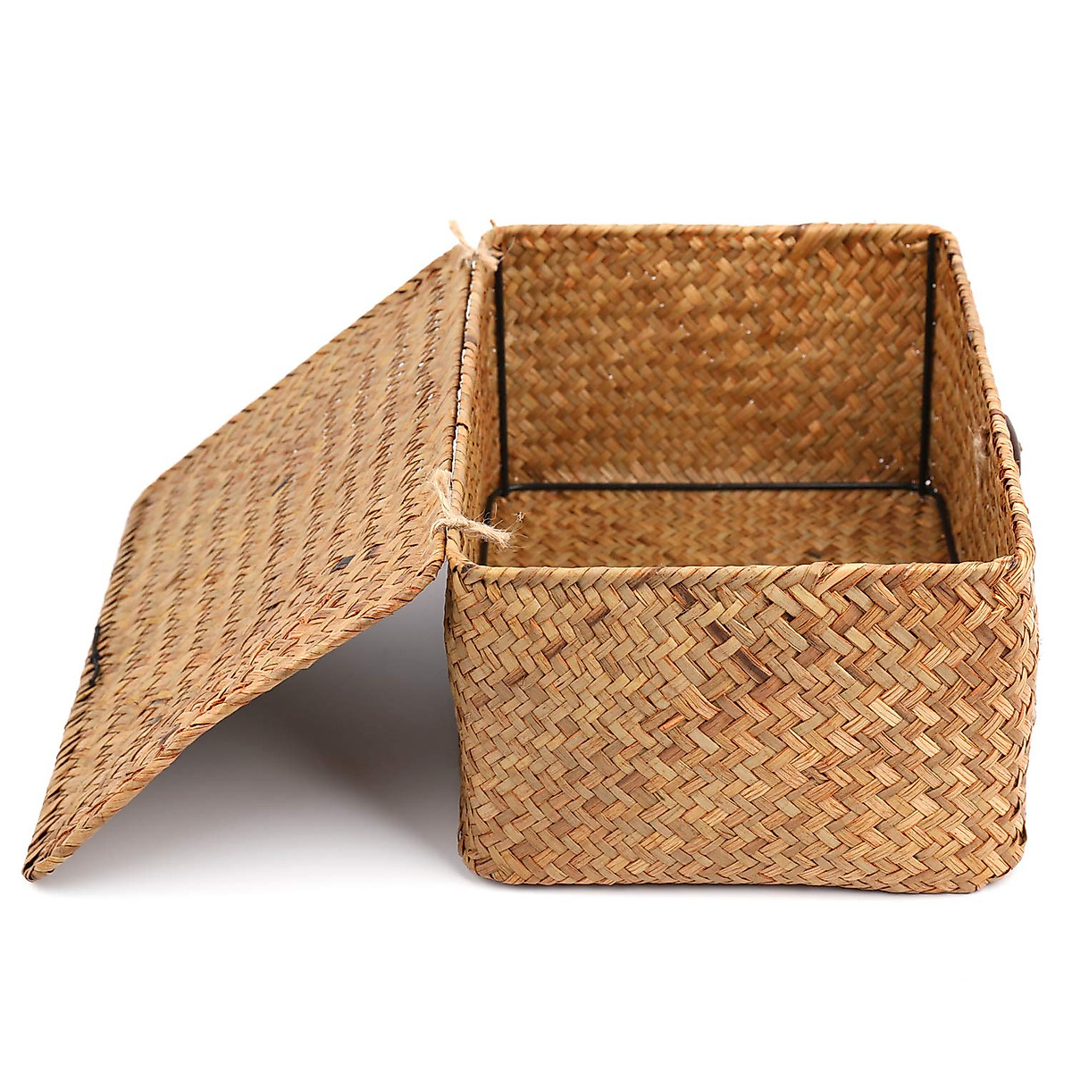 Yesland Handwoven Seagrass Rattan Storage Basket - 11.5'' x 7.5'' x 5'' - Brown Rectangular Makeup Organizer Container with Lid, Perfect for Decoration, Picnic, Groceries and Toy Storage