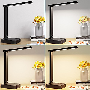 Wood LED Desk Lamp with 3 USB Charging Ports and 2 AC Outlets,3 Color Temperatures & 3 Brightness Levels, Touch/Memory/Timer Function,10W Eye Protection Foldable Reading Light,Office Table Lamp Wood