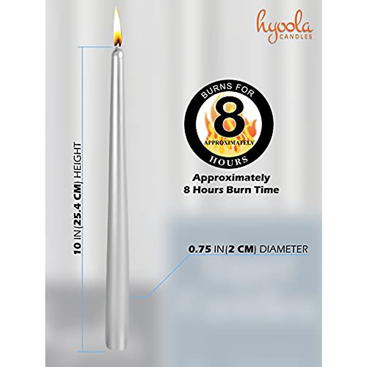 Hyoola 12 Pack Tall Metallic Taper Candles - 10 Inch Silver Metallic, Dripless, Unscented Dinner Candle - Paraffin Wax with Cotton Wicks