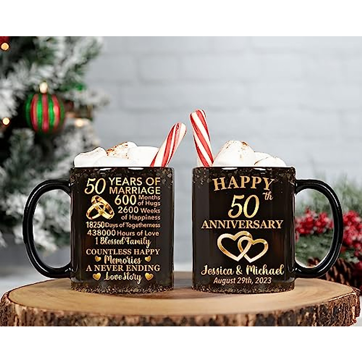 50 Years of Marriage Gift Personalized Coffee Mug Happy 50th Anniversary Travel Cups Wedding Celebration for Couple Husband Wife Mom Dad Birthday Valentines Floral Ceramic Drinking Tea Cup 15oz 11oz