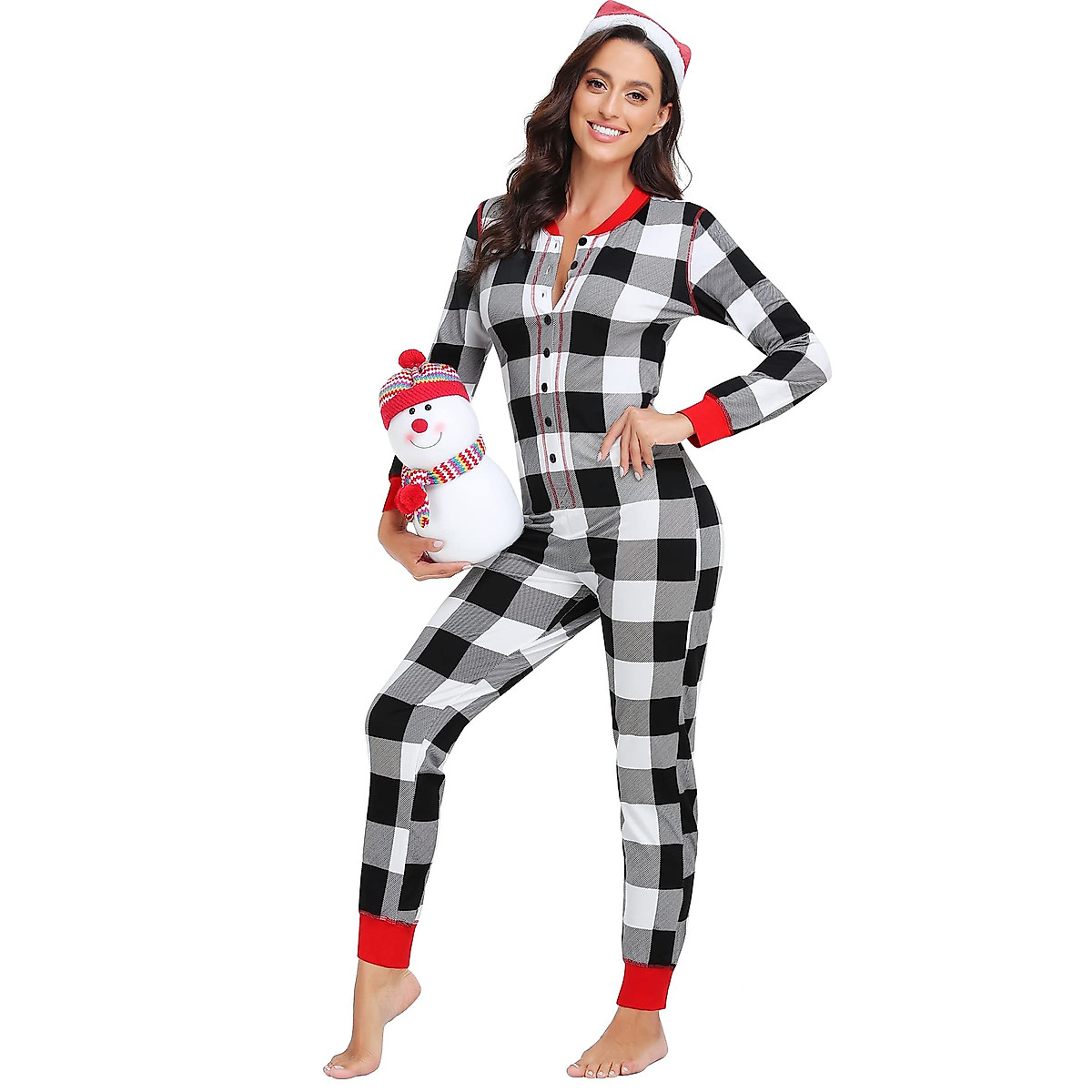 SWOMOG Womens Christmas Onesie Pajamas Jumpsuits Adult One Piece Sleepwear Long Sleeve Bodysuit Buttons Union Suit