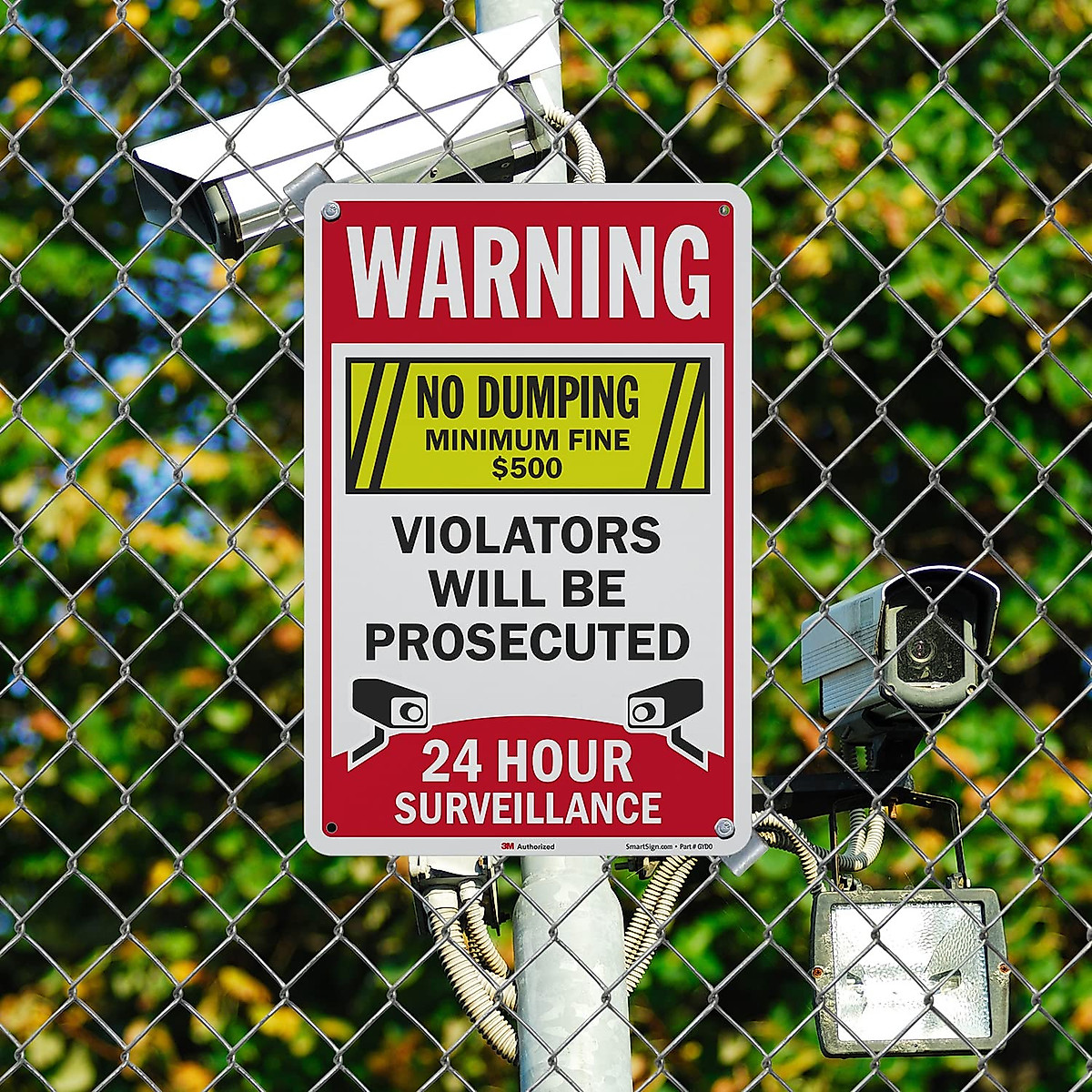 SmartSign 18" x 12" 'Warning - No Dumping, Minimum Fine USD 500, Violators Prosecuted, 24 Hour Surveillance' Metal Sign, 63 mil Aluminum, 3M Laminated Engineer Grade Reflective, USA-Made
