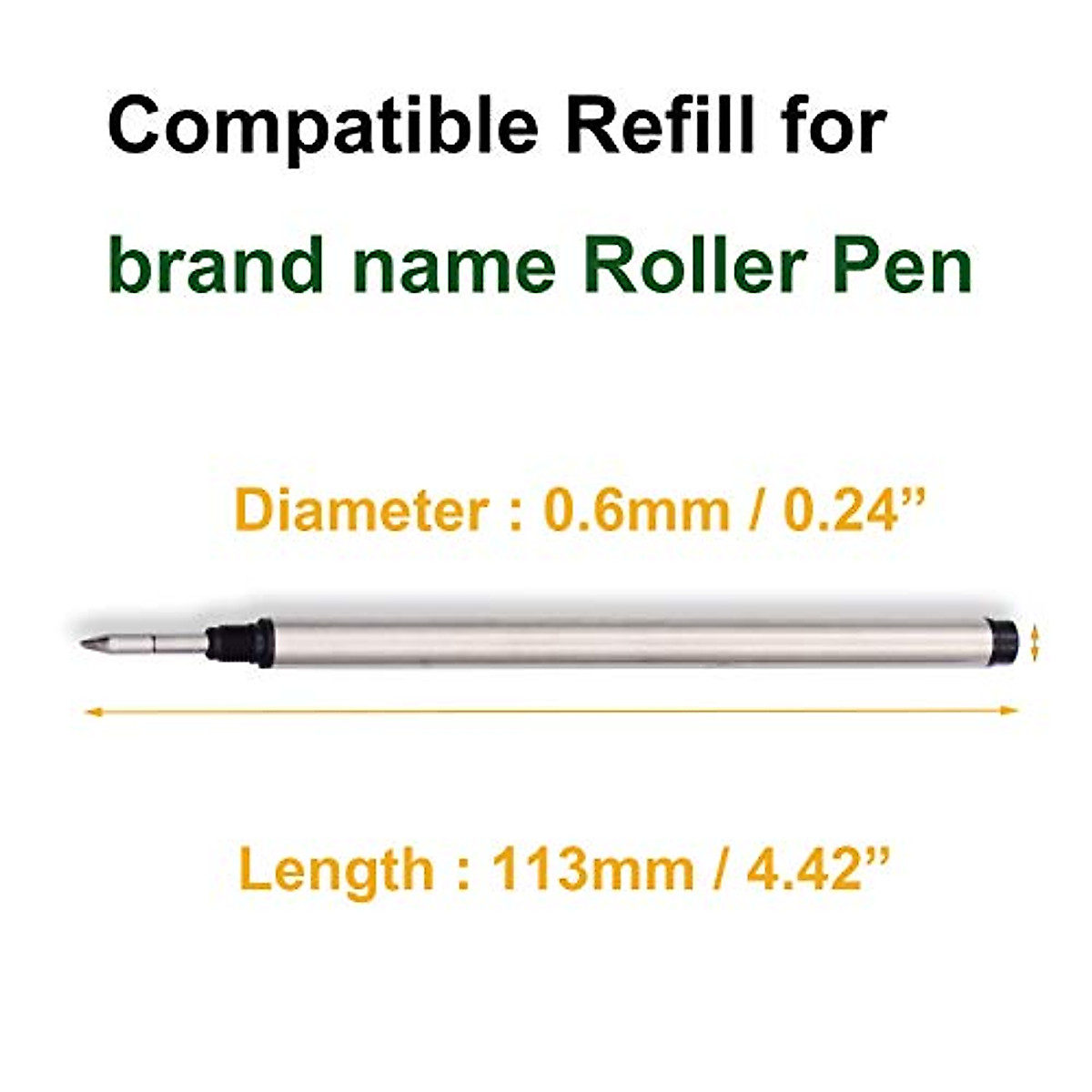 10 Pack Black, Spiral Roller Pen Refill, Replacement Roller Refill for Many Brand Name Pen. Threaded Rolling Ball Refills, 0.7mm Medium Point. 113mm (4.42”) x 6mm (0.24”)