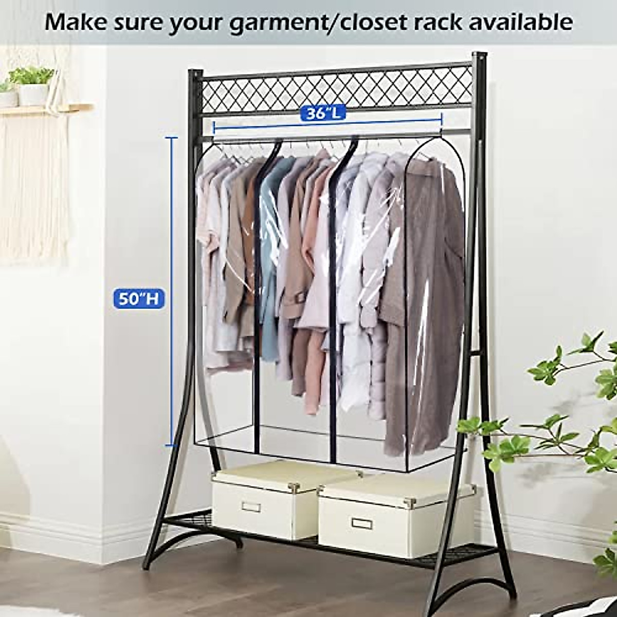SLEEPING LAMB 50'' Extra Large Clear Hanging Garment Bags for Closet Storage Bottom Enclosed Garment Rack Cover Sealed Wardrobe Clothes Protector for Coats, Suits, Dresses （Not Including Frame）