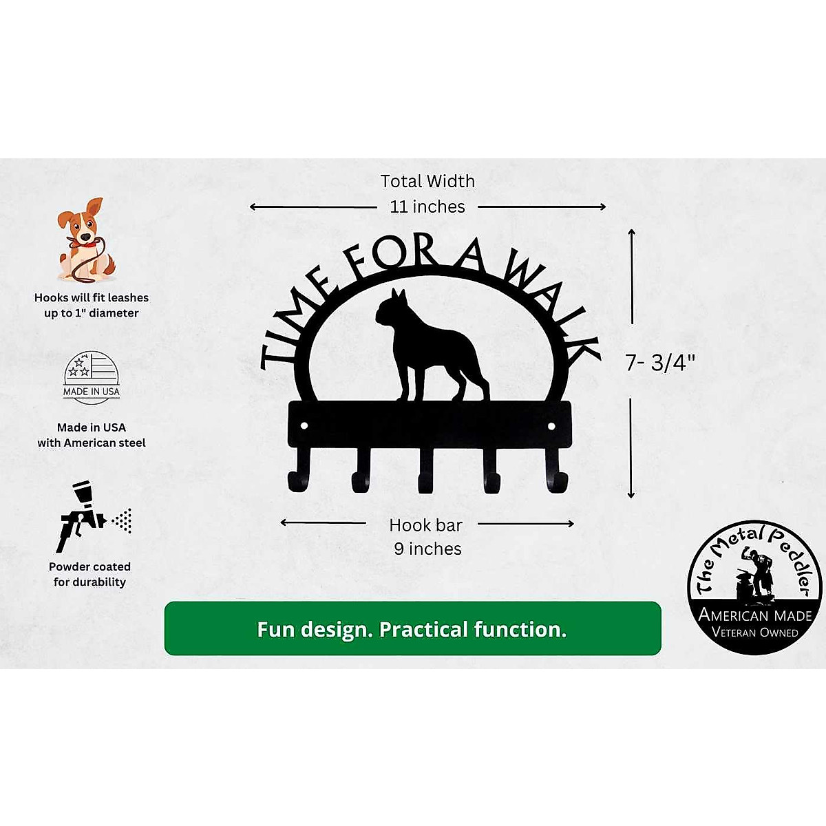The Metal Peddler Boston Terrier Time for a Walk Dog Leash Hanger & Key Holder - Made in USA; Wall Mounted Holder