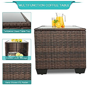 Furnimy 3 Pieces Patio Furniture Set Rattan Outdoor Sectional Conversation Sets 2 Single Chair w/Washable Cushion and Tempered Glass Tabletop for Balcony, Garden, Backyard(Brown+Navy Blue)