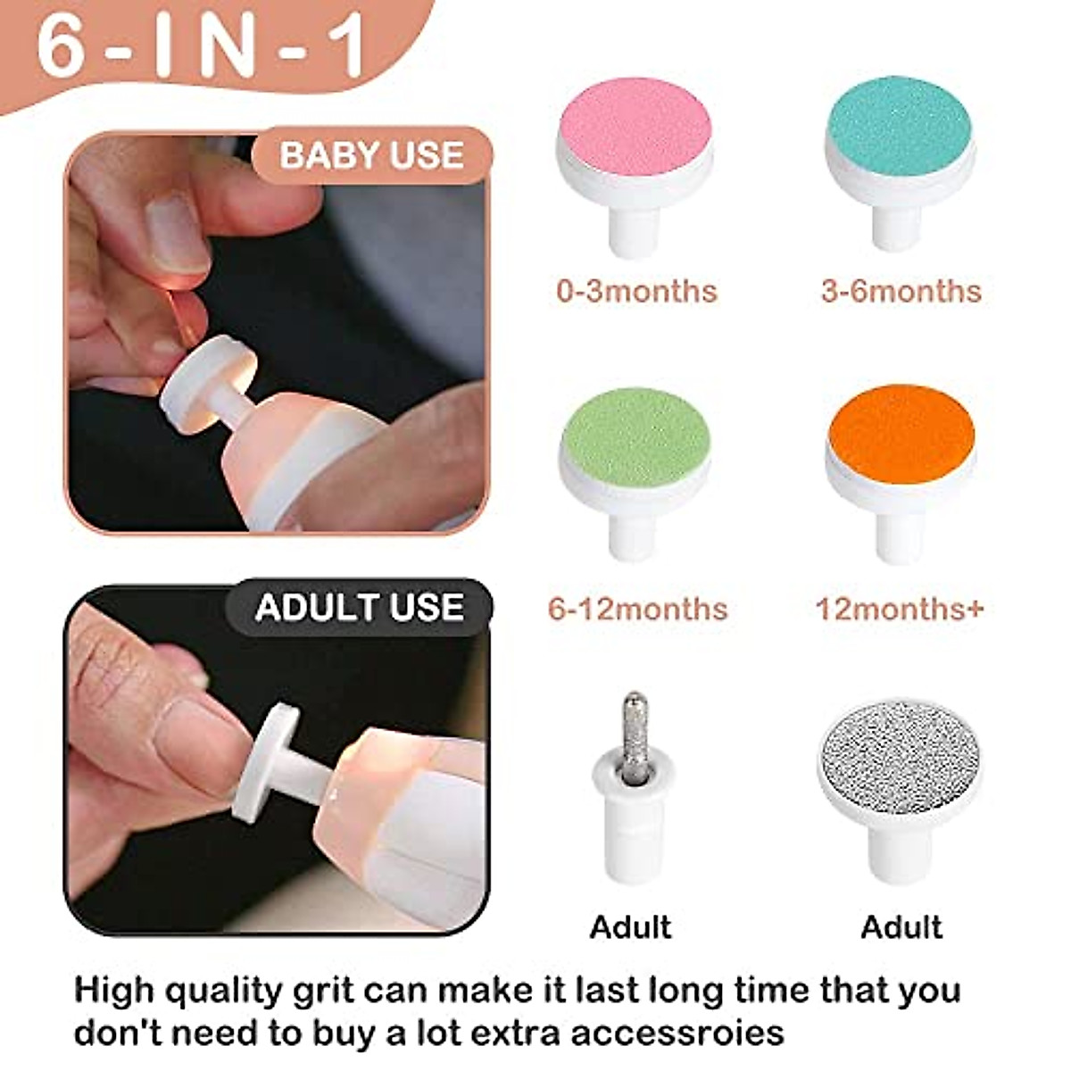 haakaa Baby Nail Trimmer Electric Safe Baby Nail Clippers Baby Nail File Kit Manicure Set, Trim Polish Grooming kit for Newborn Toddler or Adults Toes Fingernails, 6 Grinding Heads and LED Light, Pink