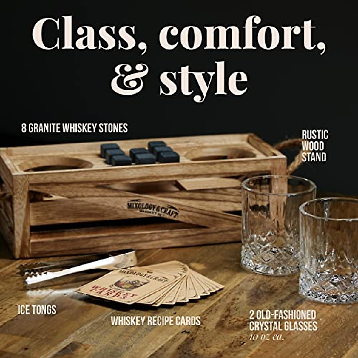 Mixology & Craft Whiskey Stones Gift Set - Great Whiskey Gifts for Men, 13pc Kit w/ 2 Bourbon Whiskey Glass Set, 8 Whiskey Rocks & Stand, Bourbon Gifts for Groomsmen, Anniversary, Birthday