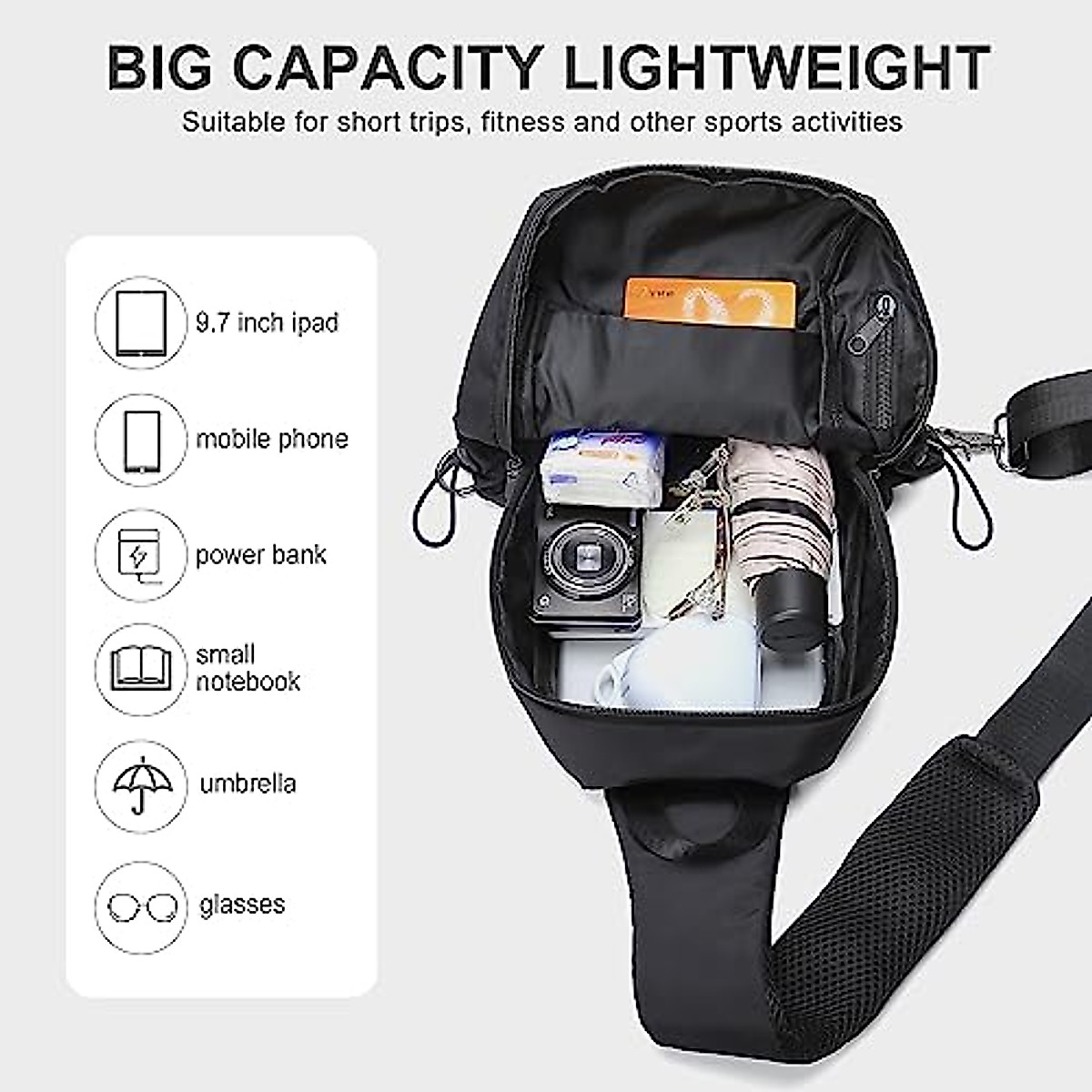 KEYEMP Small Sling Crossbody Bag Backpack Waterproof Lightweight Shoulder Travel Hiking Chest Bags with USB Charging Port for Men Women, Black