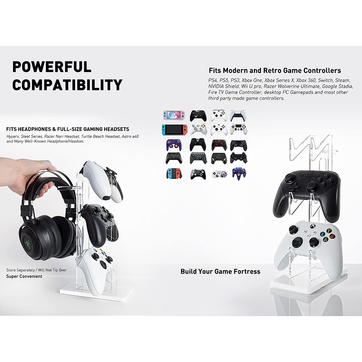 OAPRIRE Universal 3 Tier Controller Holder and Headset Stand for PS5 PS4 XBOX ONE SWITCH STEAM, Controller Stand Gaming Accessories, Build Your Game Fortresses (White)