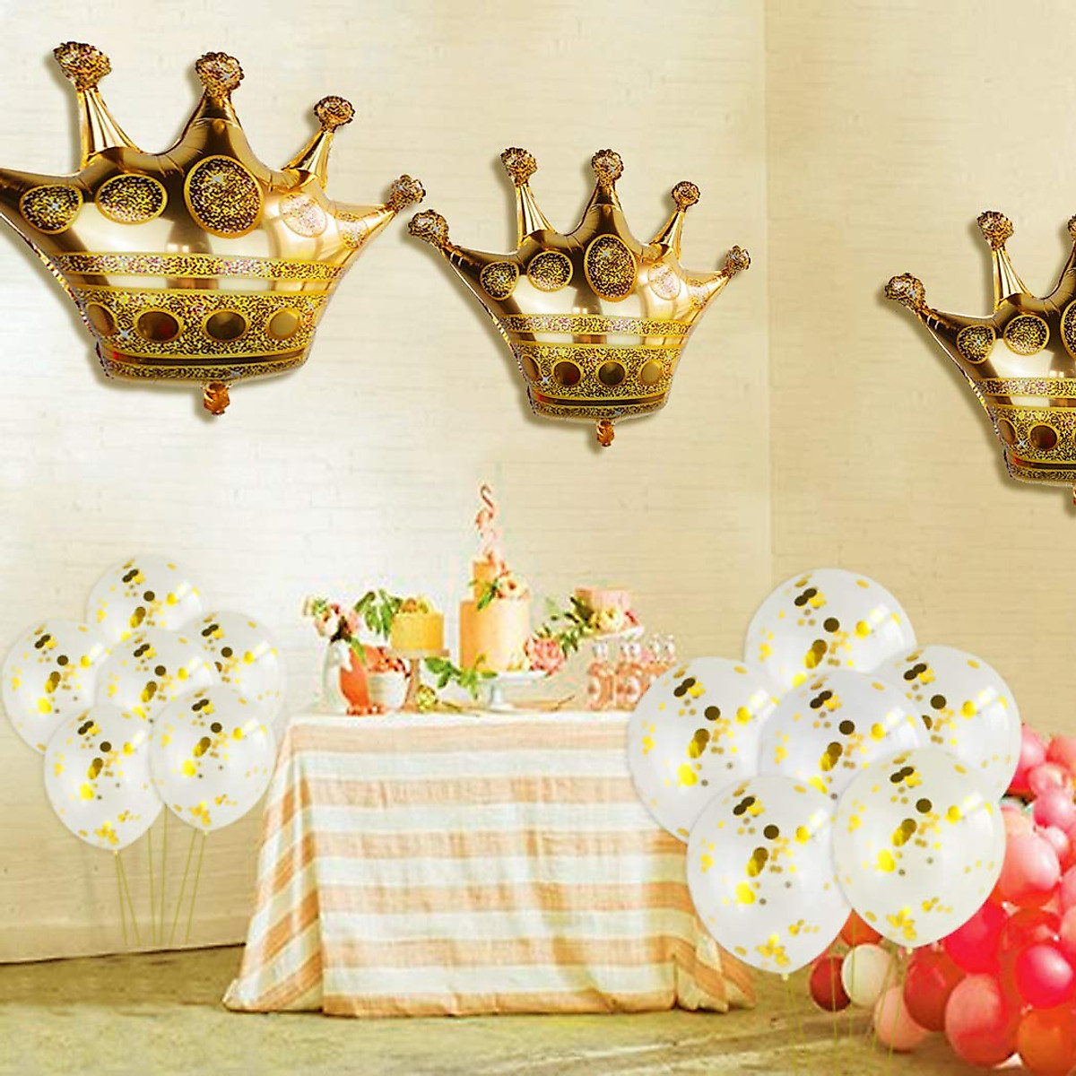 3Pcs Crown Balloons with 20Pcs Gold Confetti Balloons,Crown Foil Helium Balloons for Birthday Wedding Party Decoration (B)