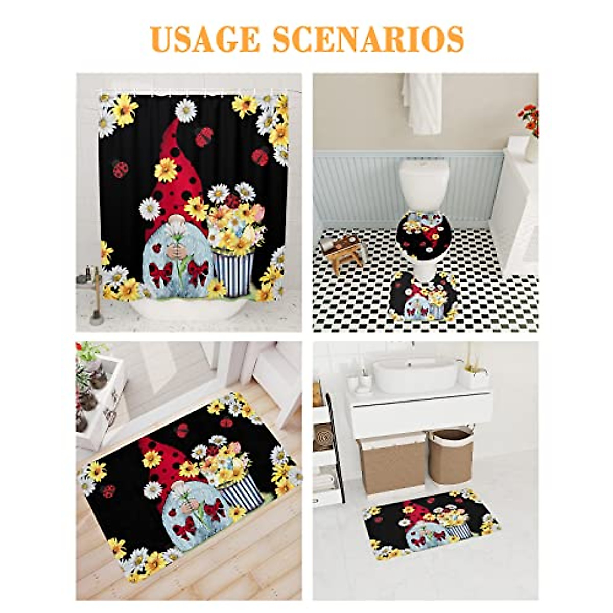 Ladybug Gnome 4 Piece Shower Curtain Sets with Non-Slip Rugs, Toilet Lid Cover and Bath Mat, Spring Summer Daisy Flower American Country Style Shower Curtain with 12 Hooks, Durable and Waterproof